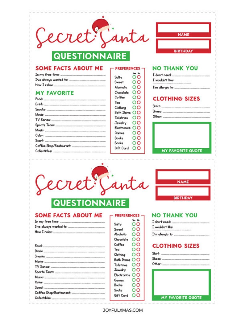 Secret Santa Questionnaire and Envelope, Secret Santa, Digital Download ...