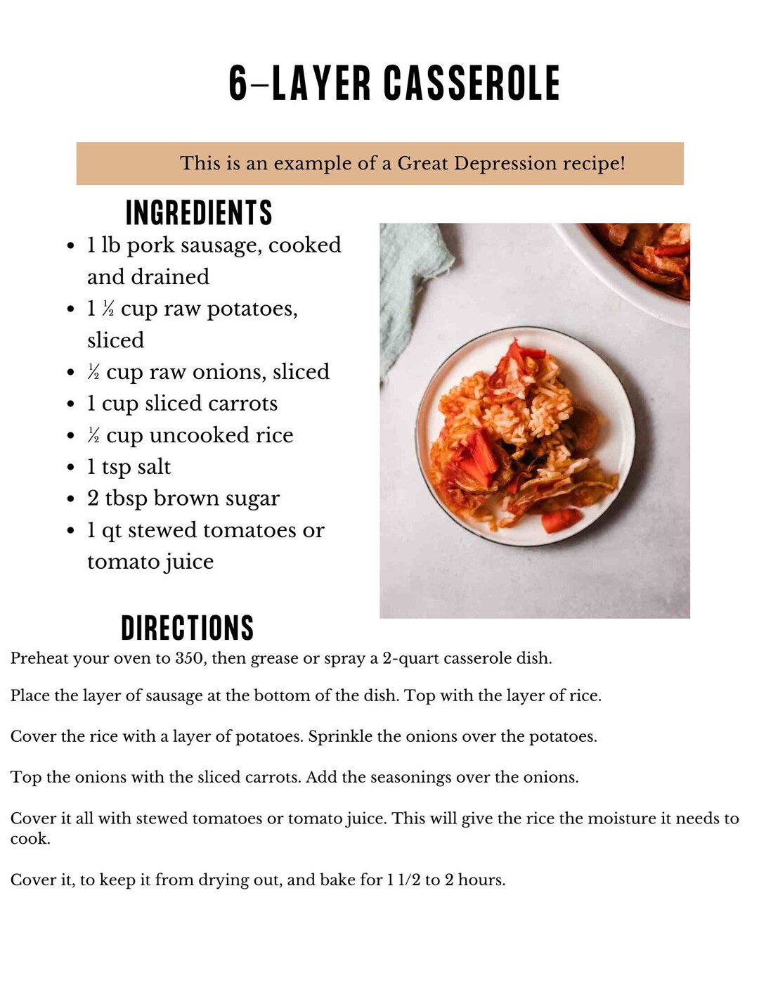 Great Depression Recipe: Hearty 6-layer Casserole - Etsy