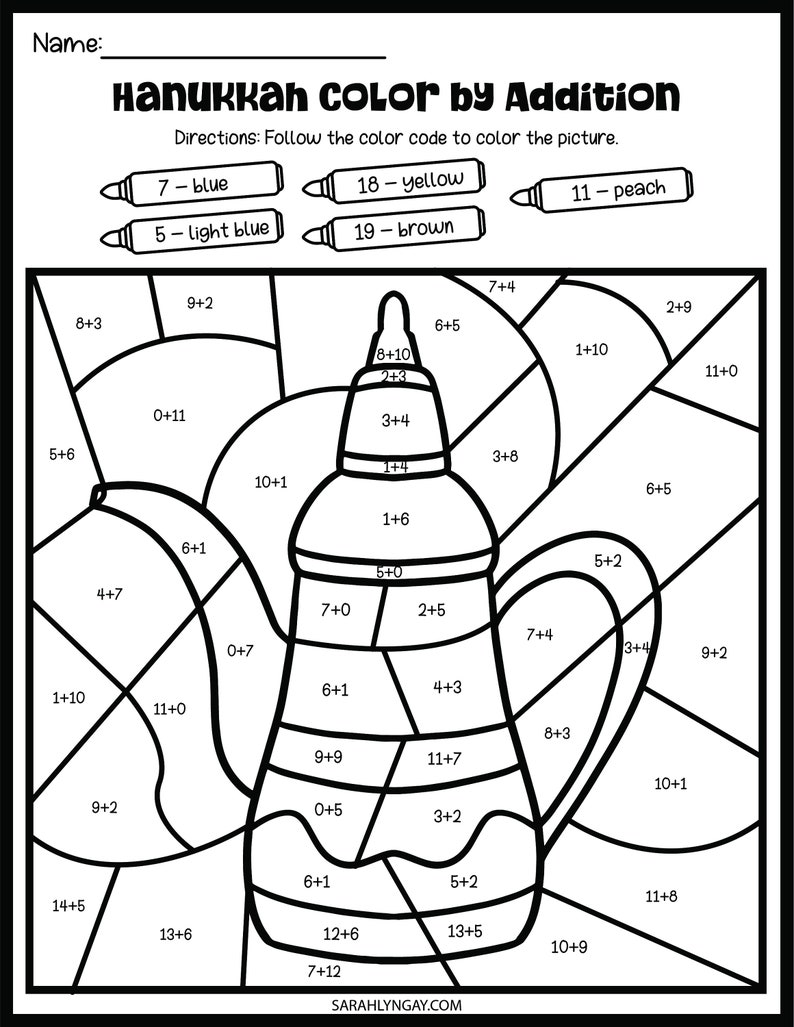 Hanukkah Color by Addition Printable Set, Color by Addition, Digital ...