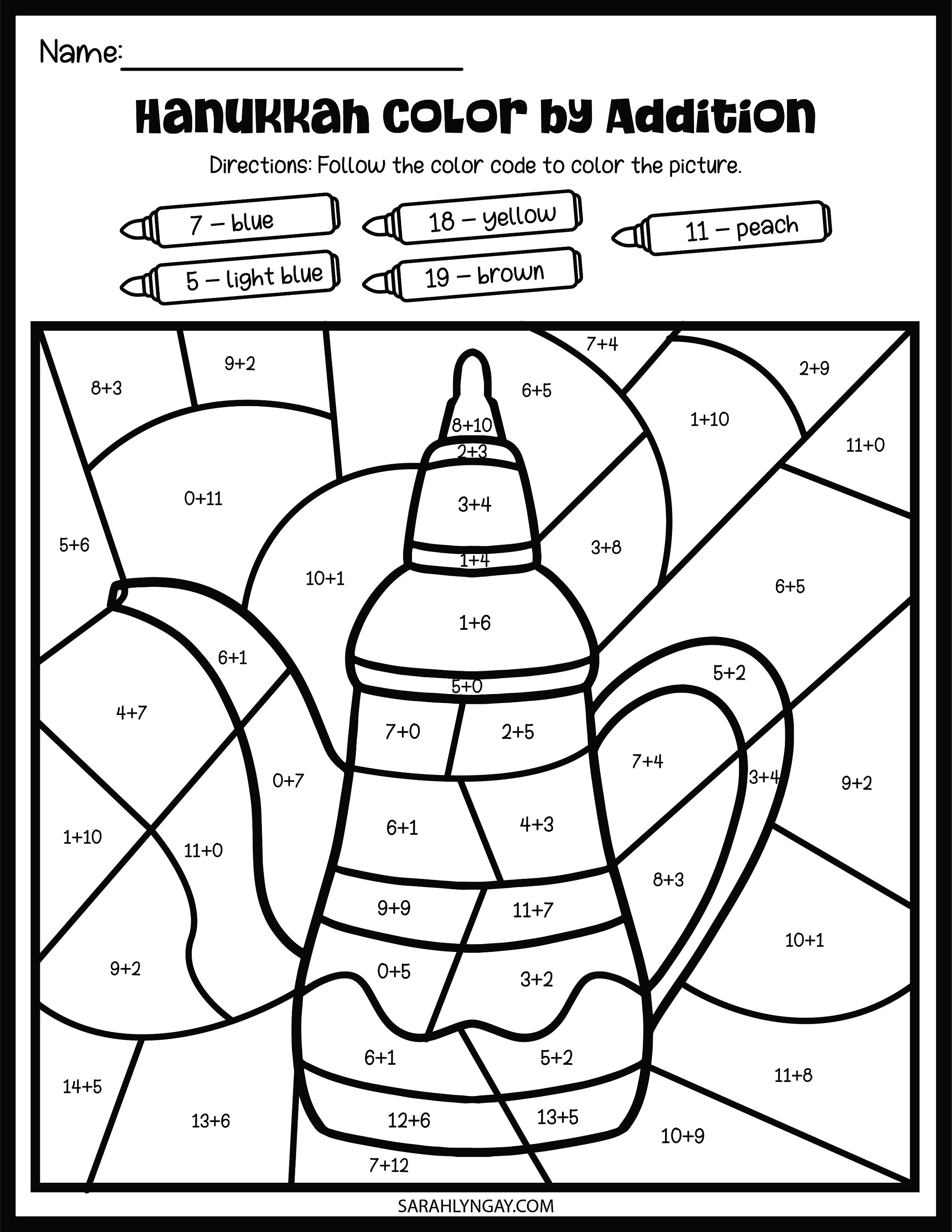 Hanukkah Color by Addition Printable Set, Color by Addition, Digital ...