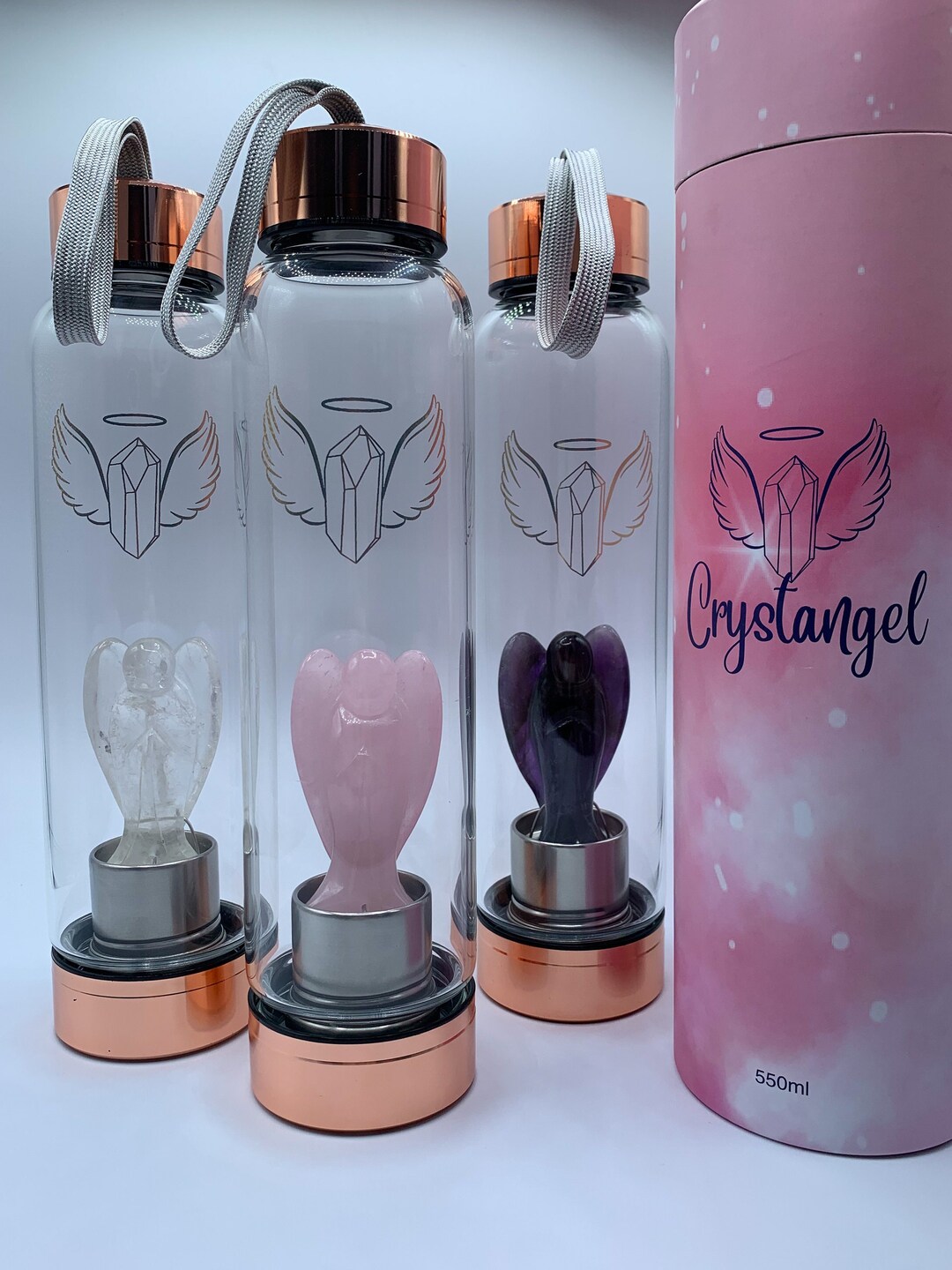 Healing Crystal Angel Glass Water Bottle, Rose Gold, Crystal Healing ...