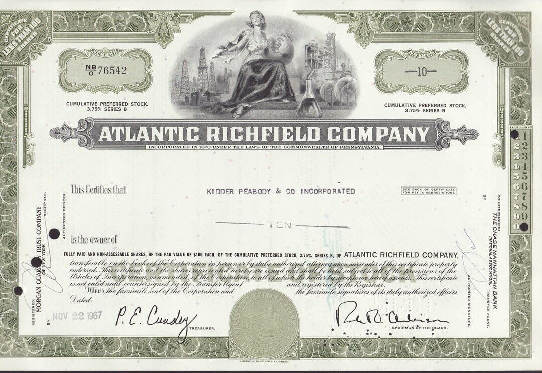 Atlantic Richfield Company Stock Certificate, 1967. - Etsy
