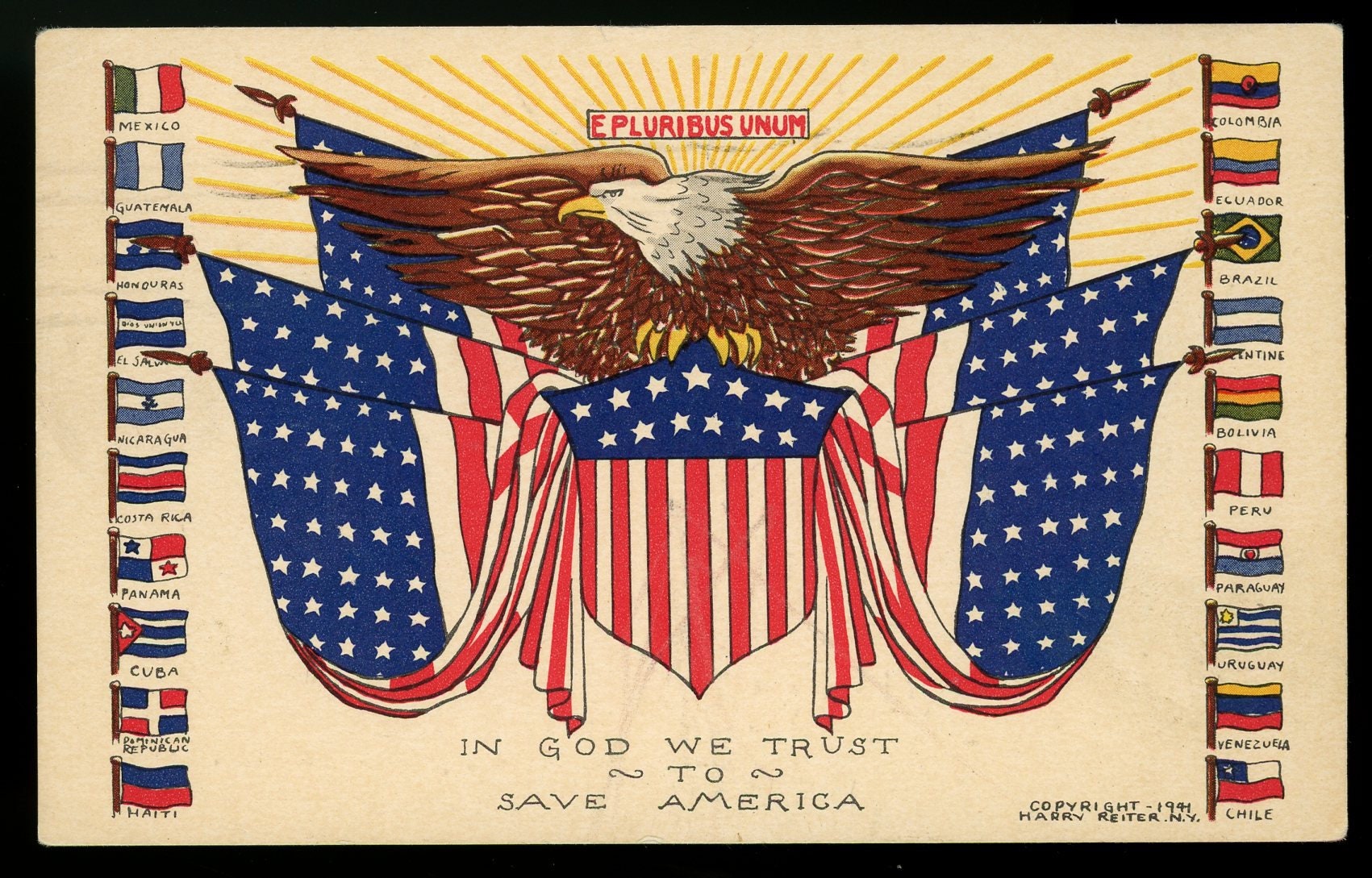 Patriotic Postcard. Eagle With Flags and Flags of Central and South ...