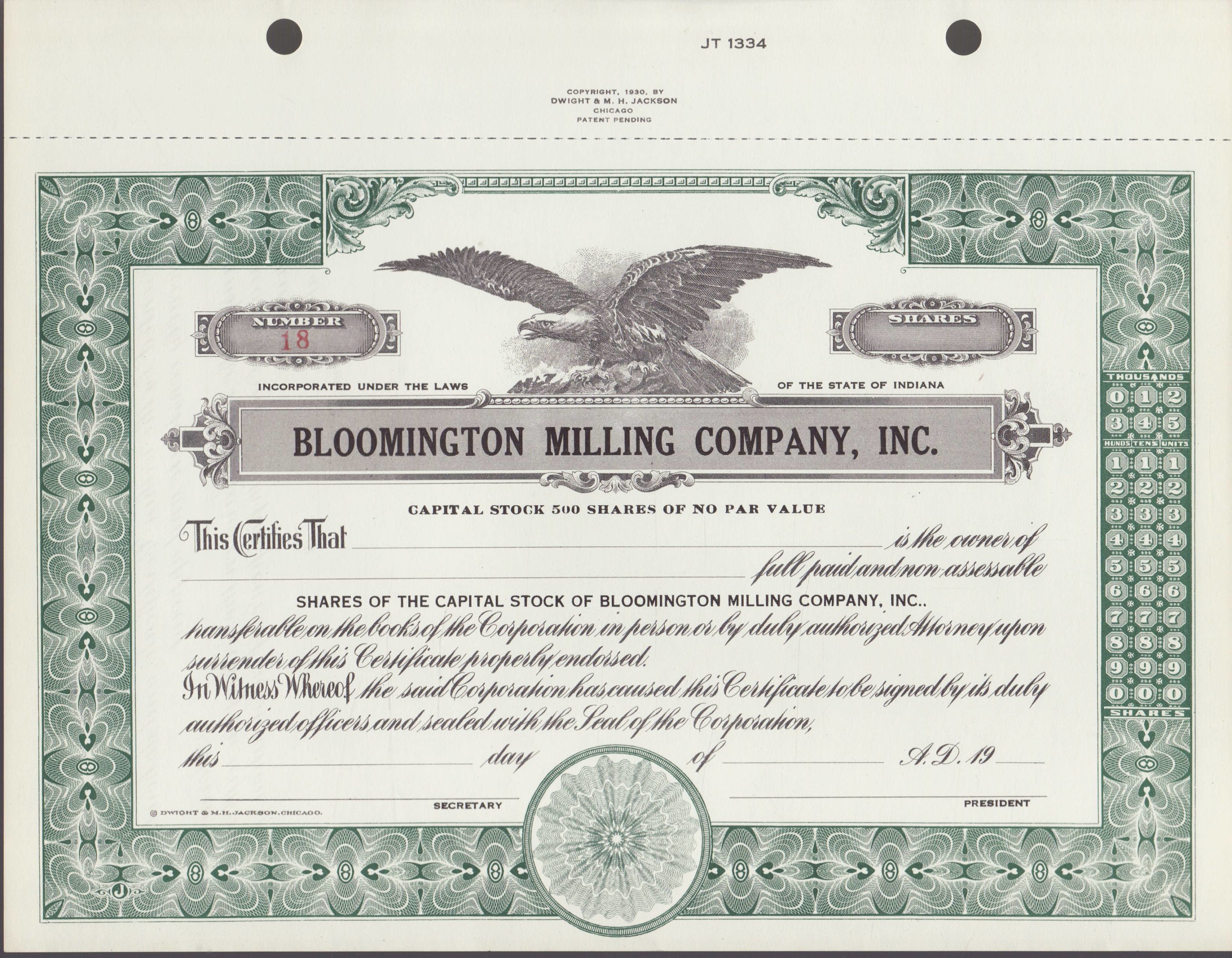 Stock Certificate and Transfer Ledger Page - Bloomington Milling ...