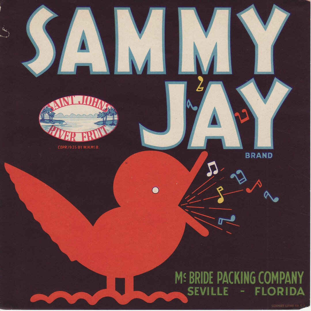 Vintage Fruit Crate Label - Sammy Jay Brand, Seville, Florida. - Etsy