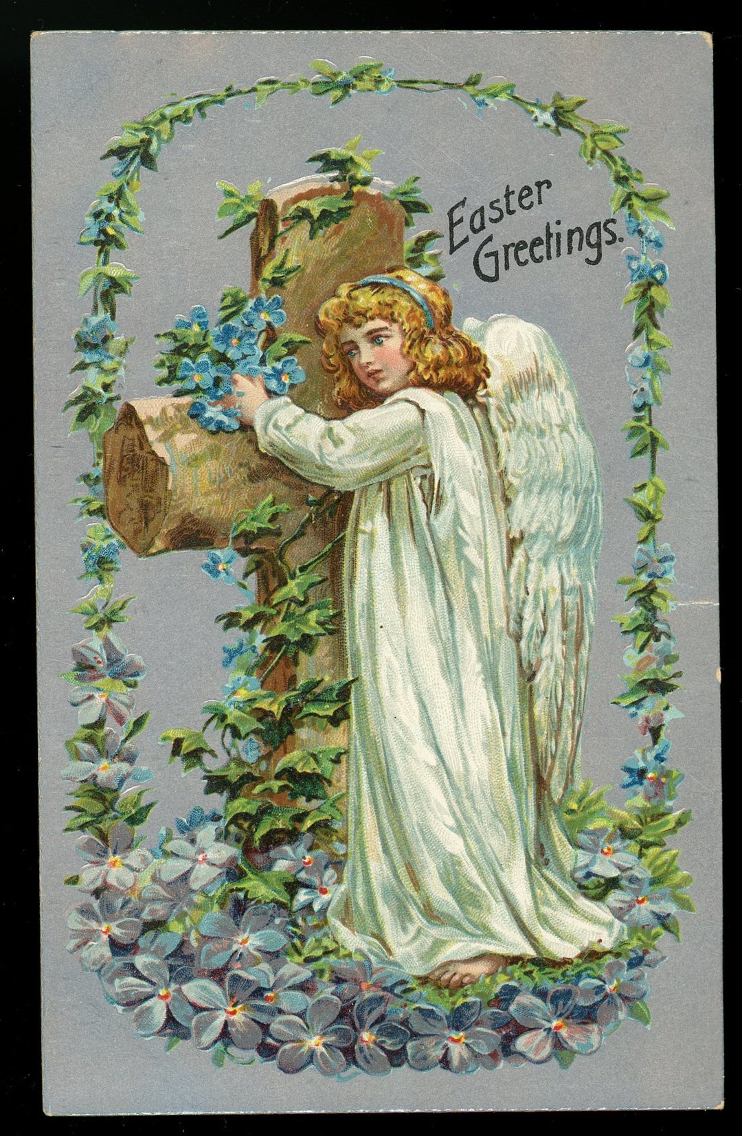Antique Easter Postcard. Angel Hugging Cross. Purple Flowers. Silver ...