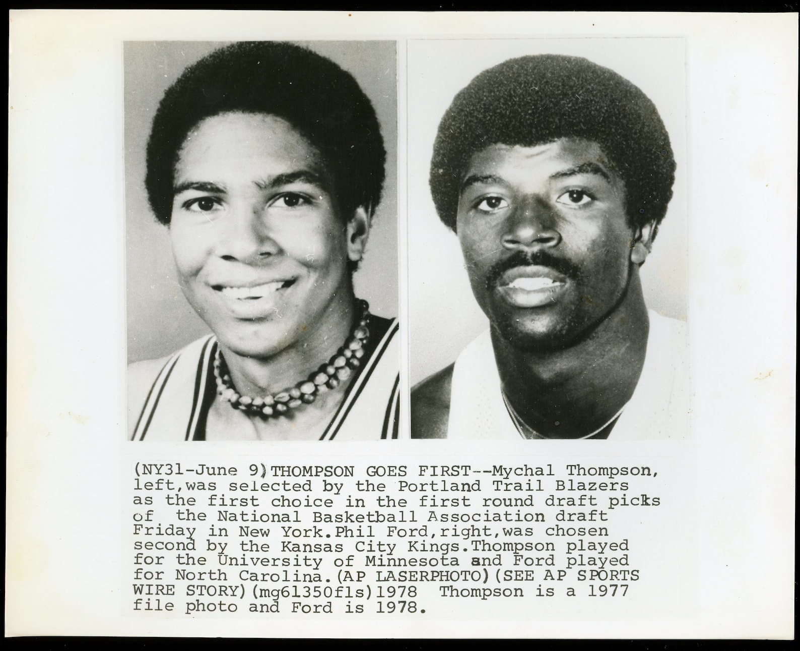 Type III 8" X 10" B/w Press Photo. 1978. NBA Draft. Mychal Thompson and ...