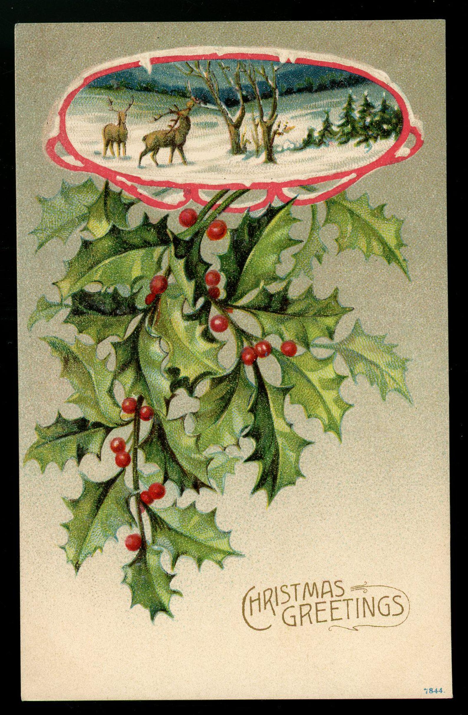 Antique Christmas Postcard. Holly. Deer in Forest. Embossed. - Etsy