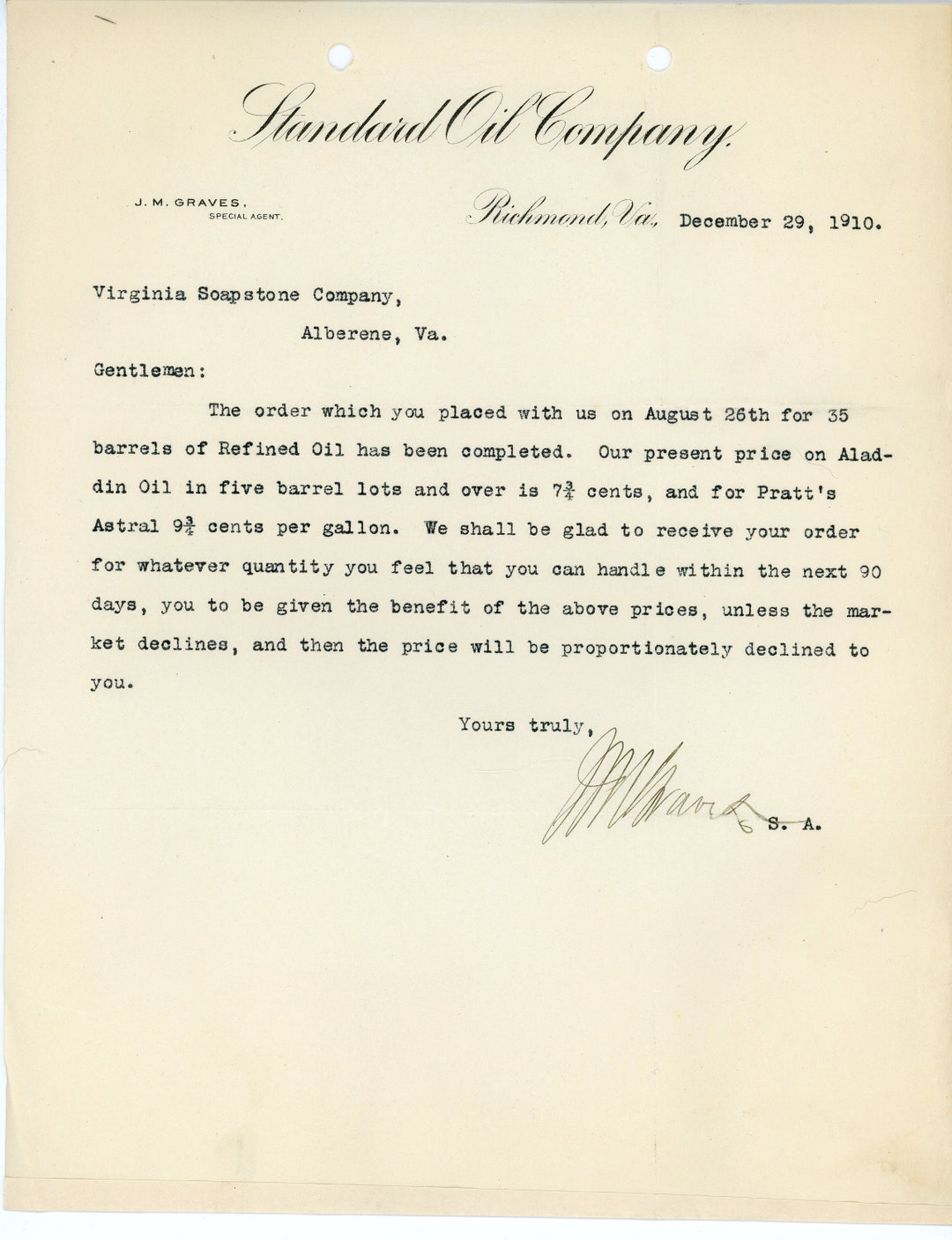 1910 Standard Oil Company Letterhead. Letter Quoting Prices to Virginia ...
