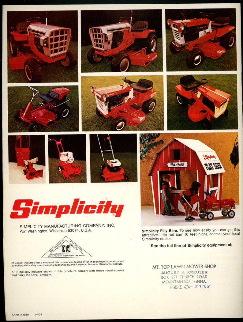 Vintage Simplicity Tractors and Riding Mower Advertising Brochure. C ...