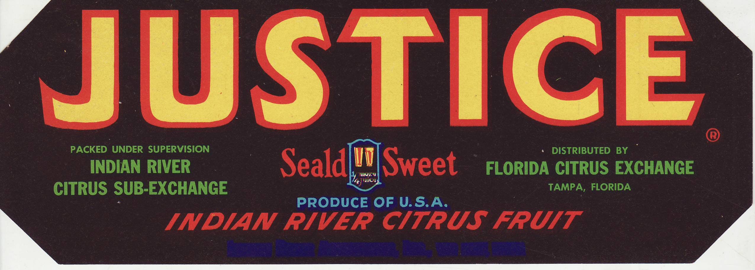 Justice Brand Fruit Label. Indian River Citrus Fruit. Tampa, Florida ...