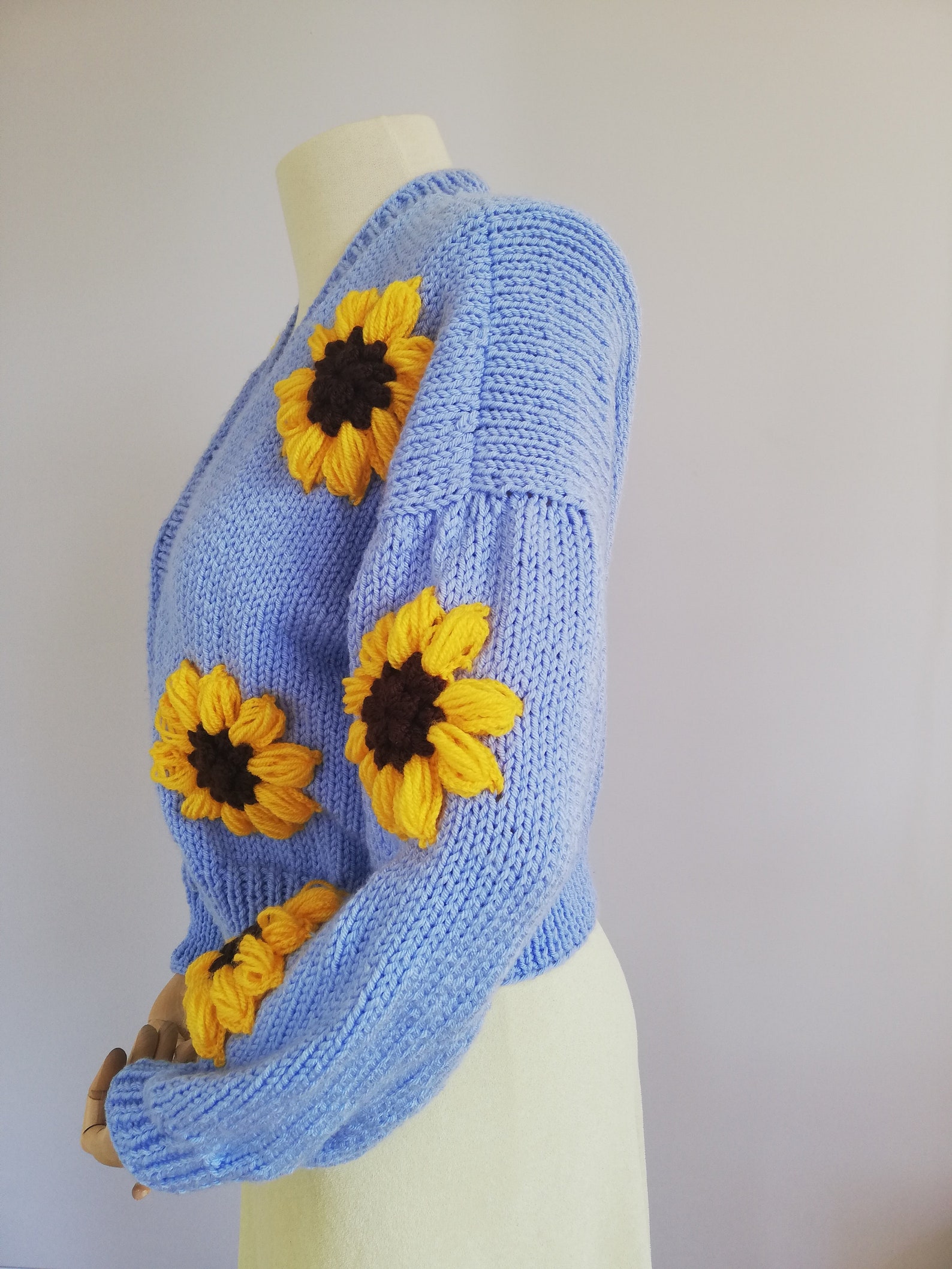 Hand Knitted Daisy Cardigan / Hand Made Blue Sunflower Sweater | Etsy