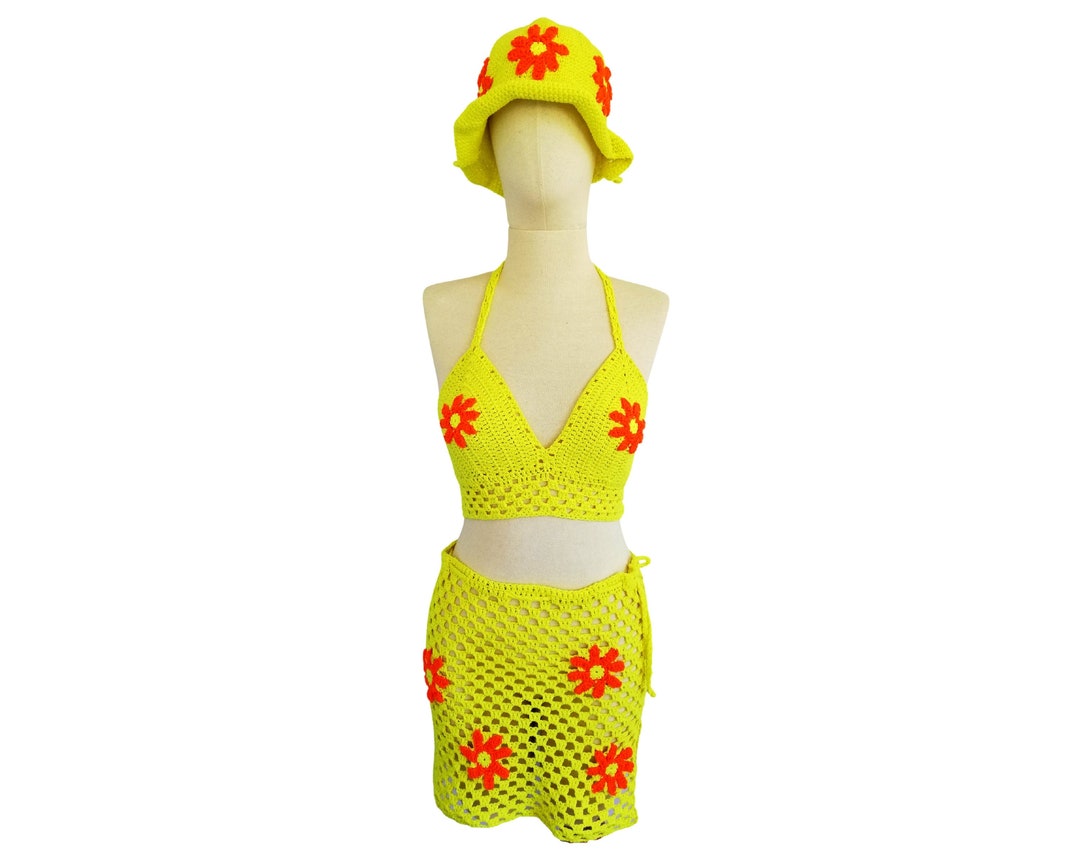 1 Life up Neon Crochet Bikini Set Top Bottom & Buckle Hat Crochet ...