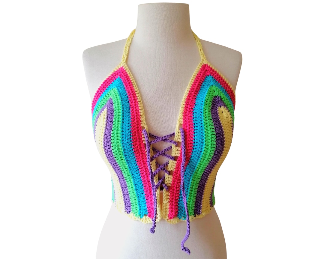 Handmade Colored Stripe Crochet Top | Rainbow Crop Top | Knit Bikini ...