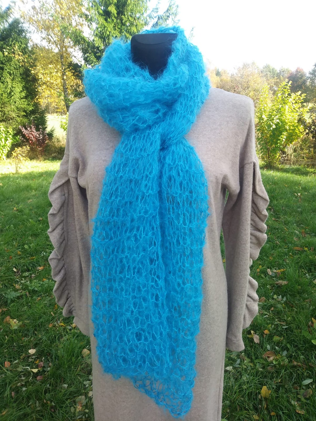 Long Hand Knitted Soft Mohair Wool Scarf in Light Blue Color. - Etsy