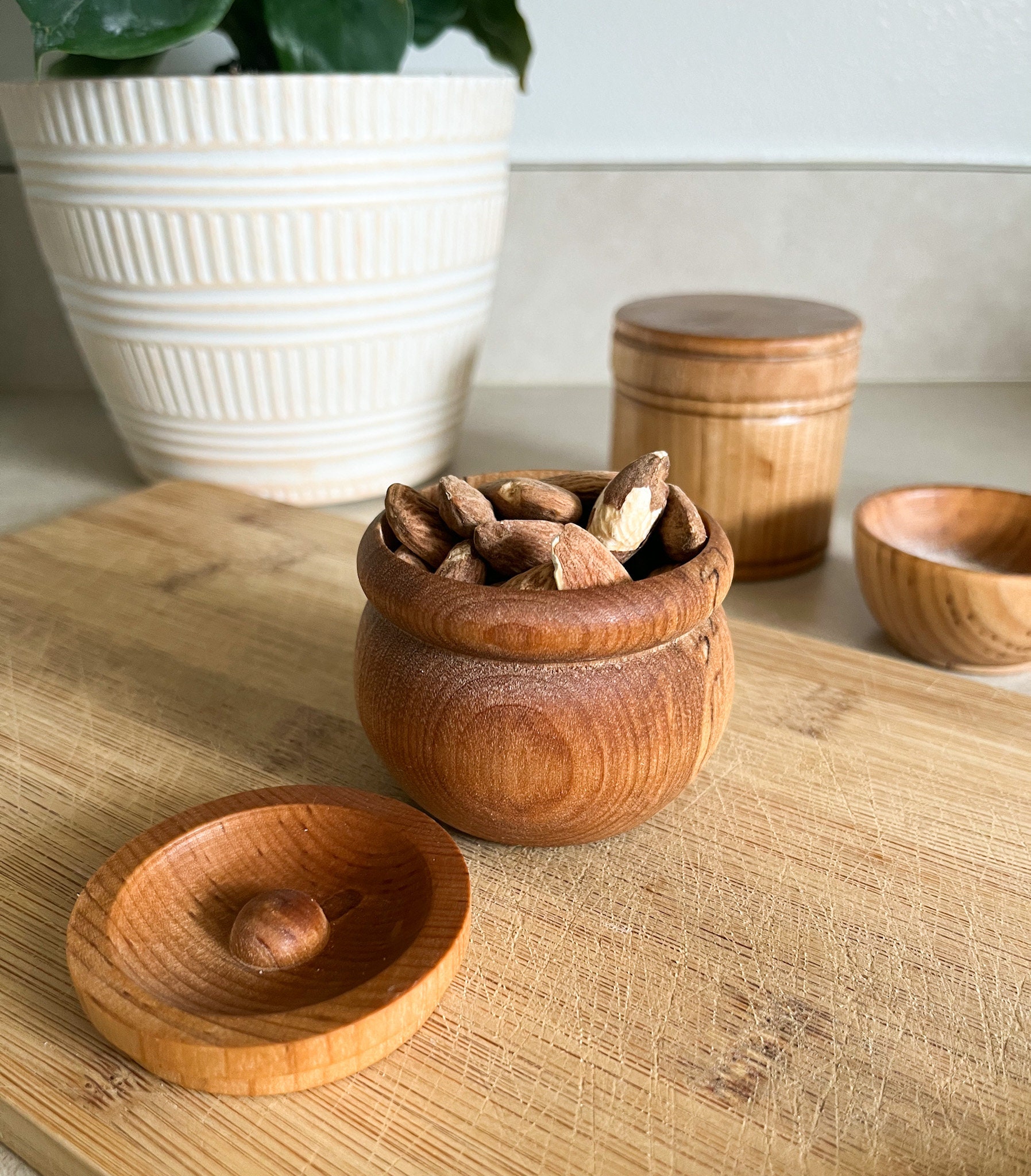 Pinch Pot With Lid, Mini Pot, Wooden Pot, Wooden Pinch Pot, Salt Cellar ...