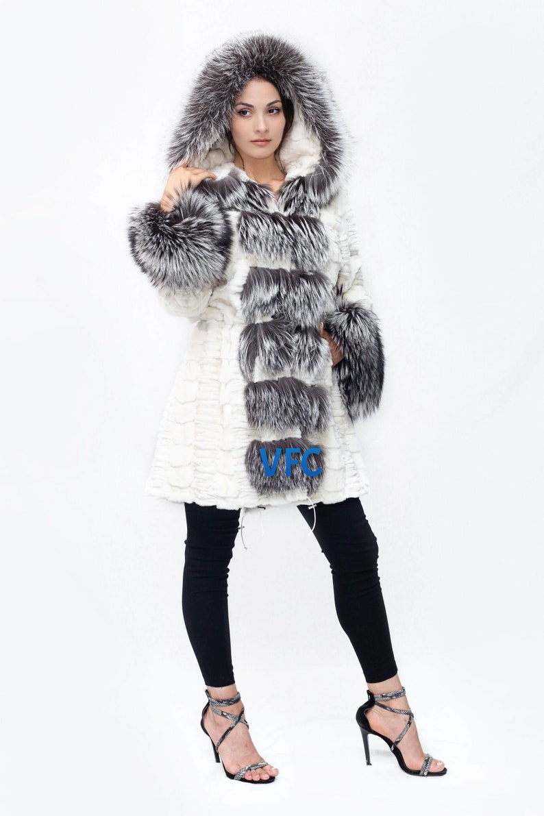 Laser Cut Sheared White Parka Coat With Silver Fox Fur Hood - Etsy