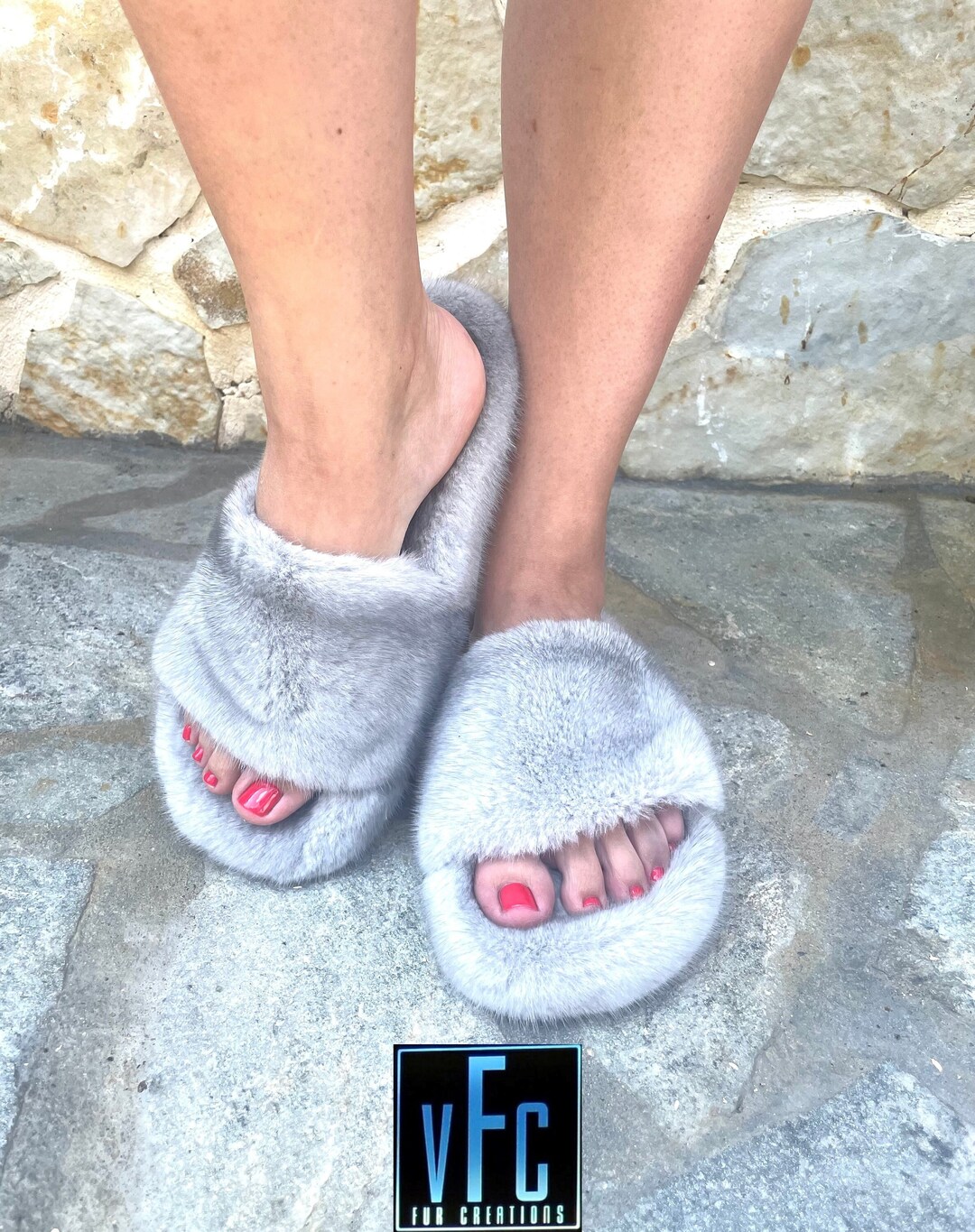 Sapphire Mink Fur Slides, Real Fur Slippers, Real Fur Slides, Fluffy ...