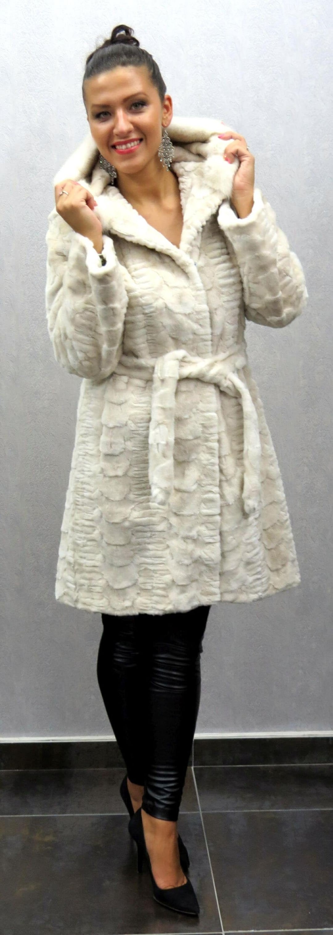 Laser Cut Sheared White Mink Coat With Hood, Real Mink Fur Coat, Real ...