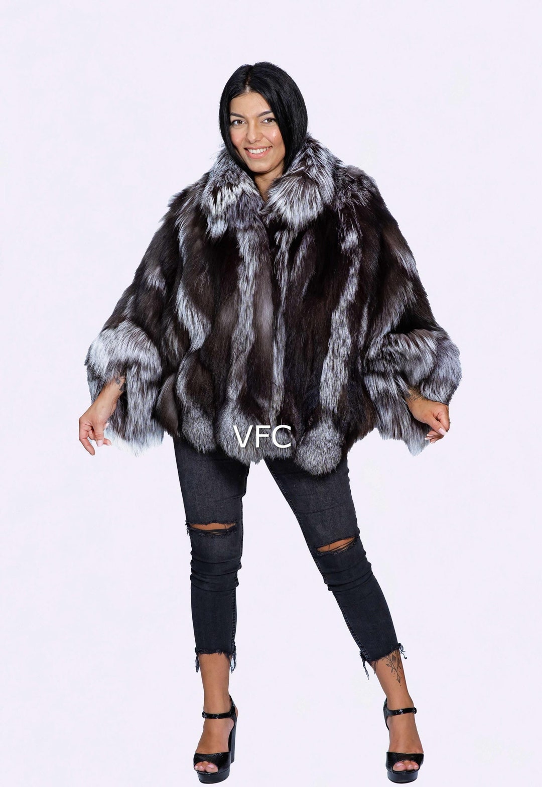 Silver Fox Fur Cape With Collar, Real Fox Fur Cape, Fluffy Fur Cape ...