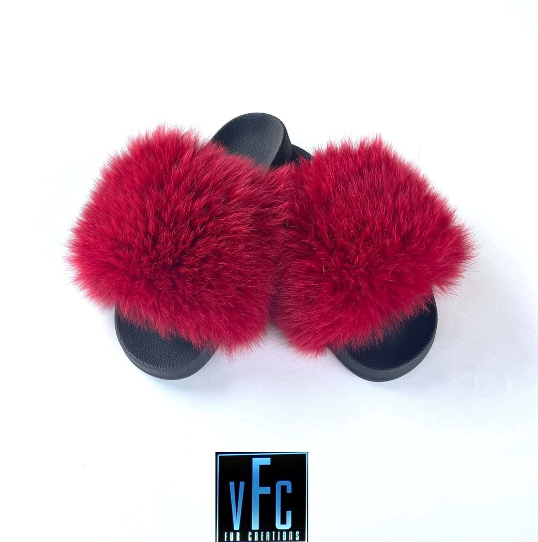 Red Fox Fur Slides, Real Fur Slippers, Real Fur Slides, Fluffy Slides ...