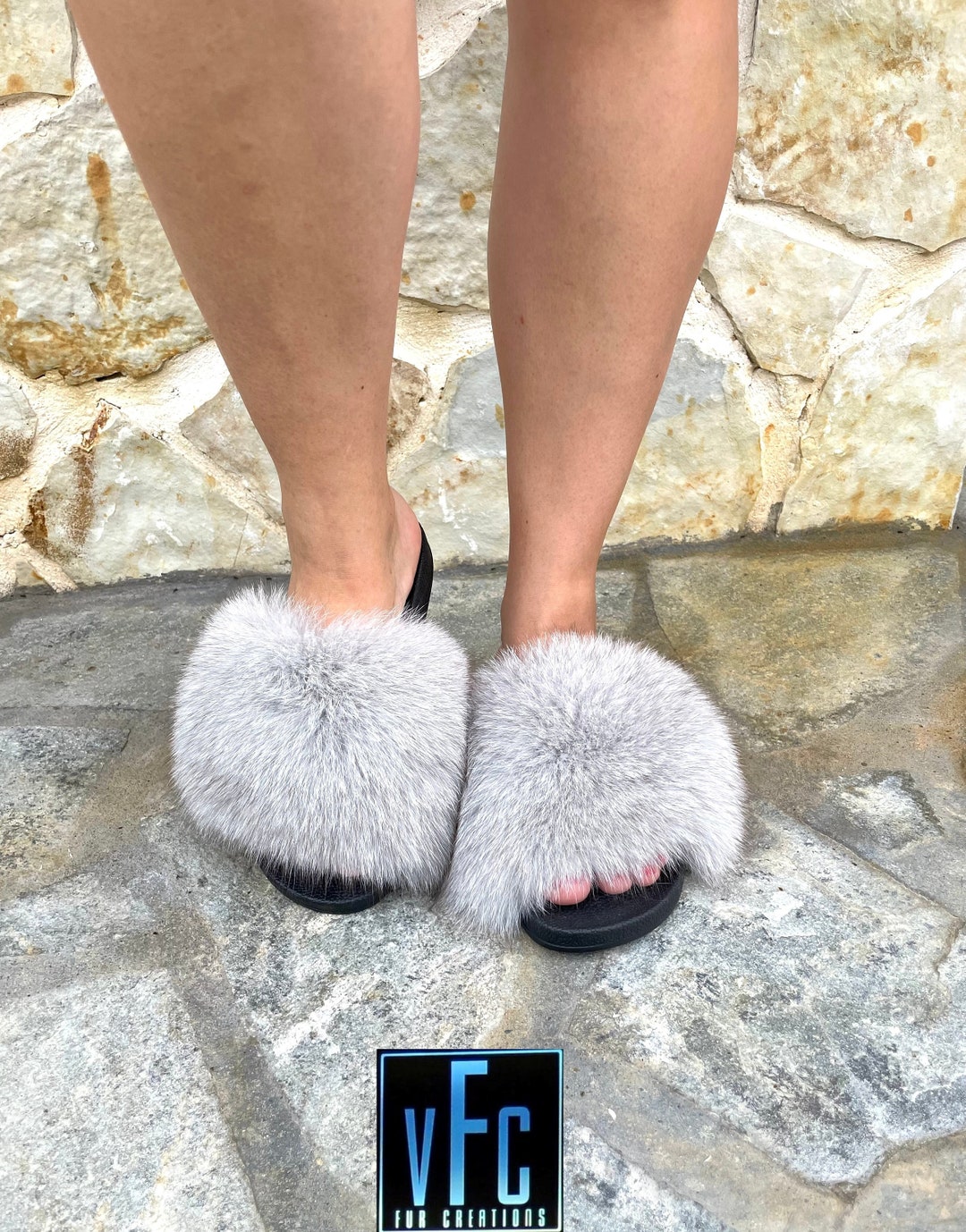 Sapphire Fox Fur Slides, Real Fur Slippers, Real Fur Slides, Fluffy ...
