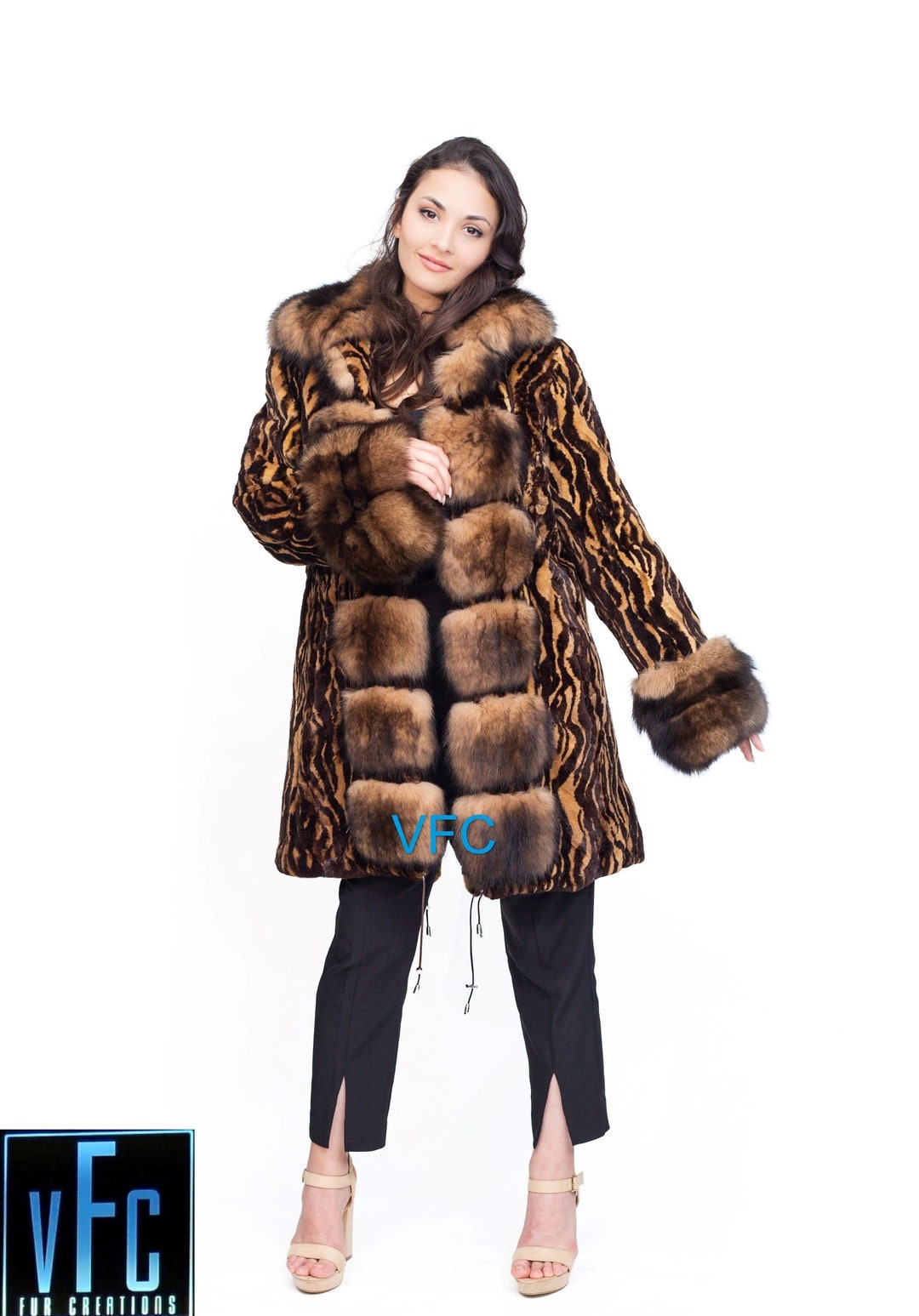 Leopard Print Sheared Mink Fur Parka With Camel-black Fox Fur Collar ...