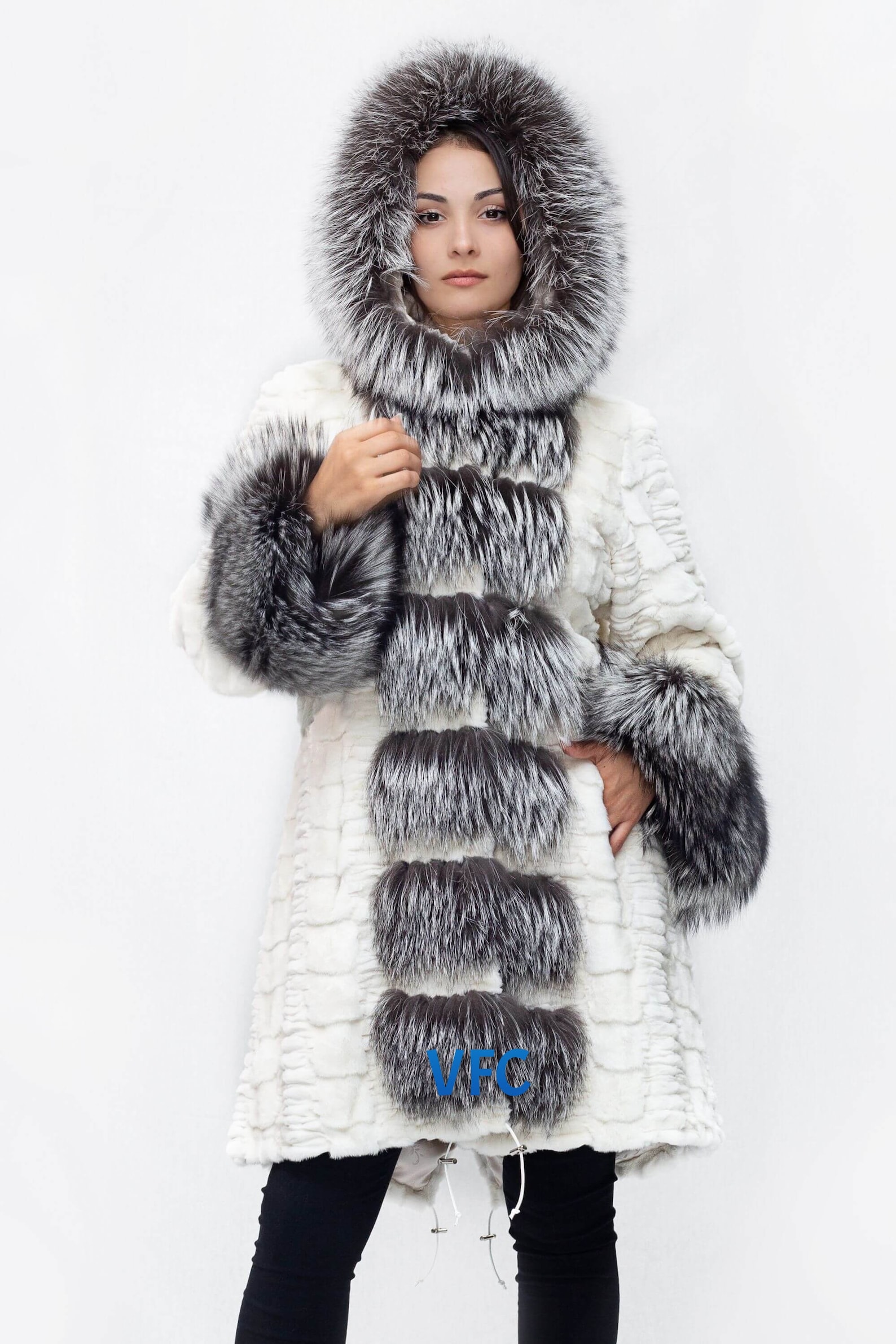 Laser Cut Sheared White Parka Coat With Silver Fox Fur Hood - Etsy