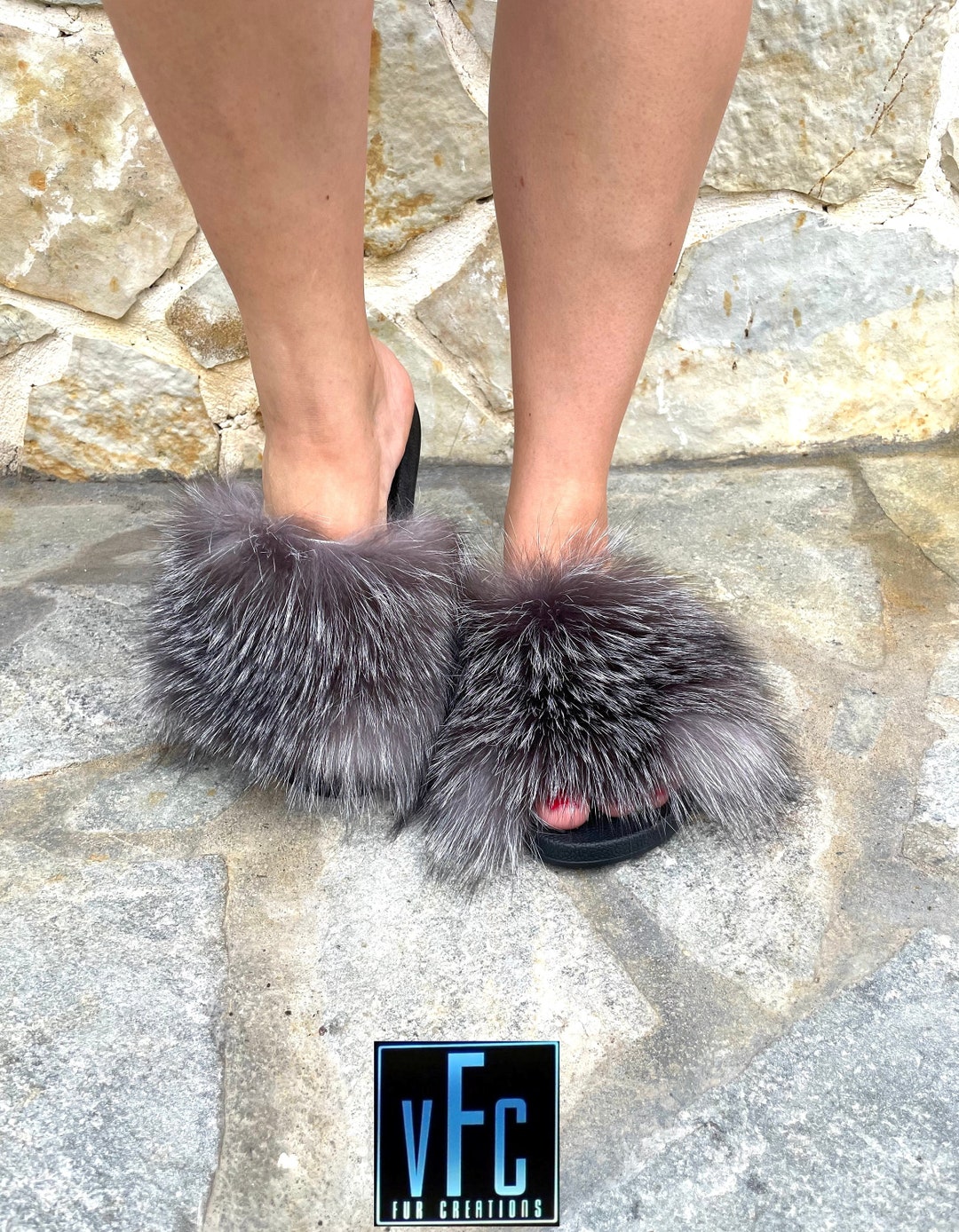 Silver Fox Fur Slides, Real Fur Slippers, Real Fur Slides, Fluffy ...