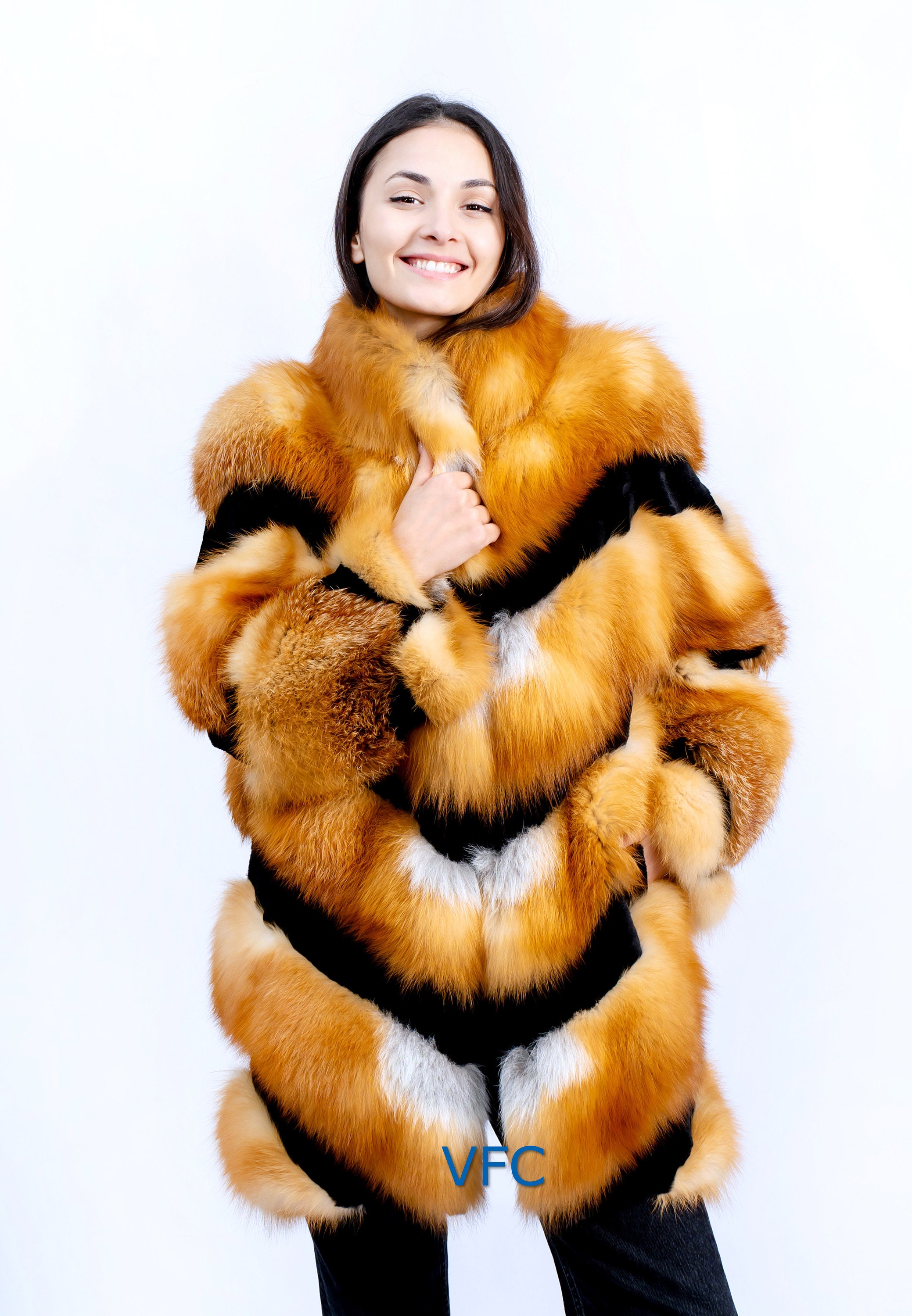 Diagonal Red Full Skin Fox Fur Coat With Sheared Black Lines Mink Fur ...
