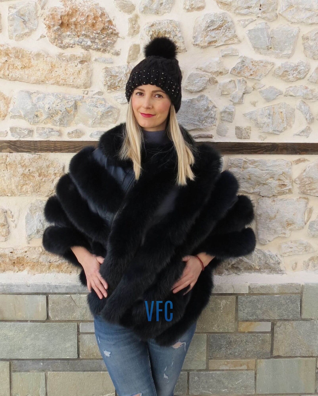 Real Fox Fur Cape, Black Fox Fur Cape, Fluffy Fur Cape, Luxury Fur Cape ...