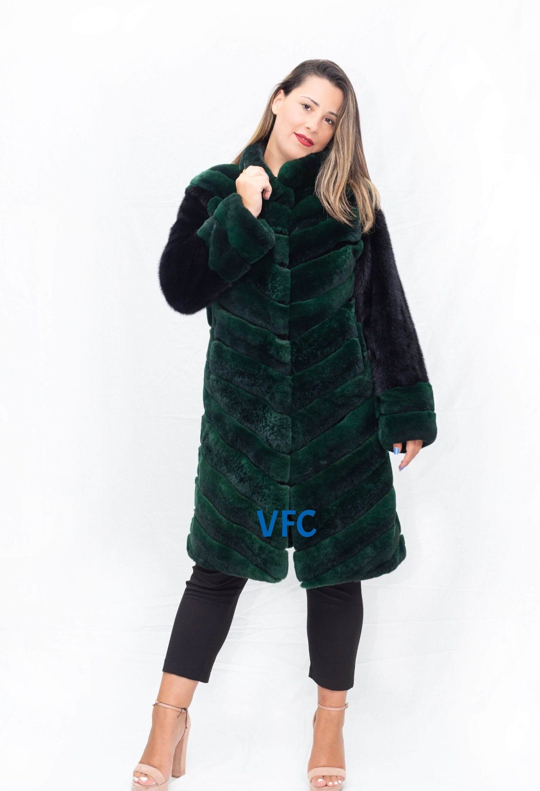 Diagonal Design Green Full Skin Rex Fur Coat With Black Full Skin Mink ...