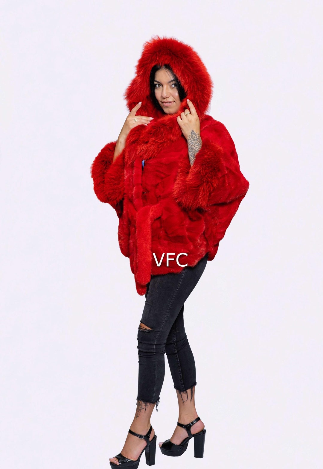 Red Mink Fur Cape With Red Fox Hood, Real Mink Fur Cape , Real Fur Cape ...