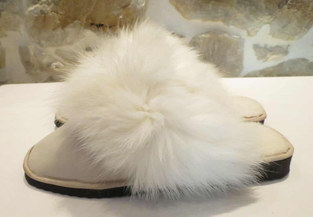 White Sheepskin With Fox Fur Slippers, Fur Slippers, Fluffy Slippers ...