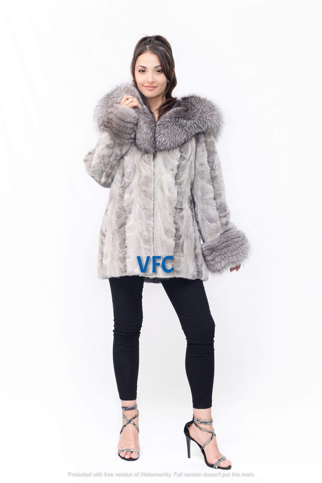Sapphire Mink Coat With Sapphire Frost Fox Fur Hood, Real Mink Fur Coat ...