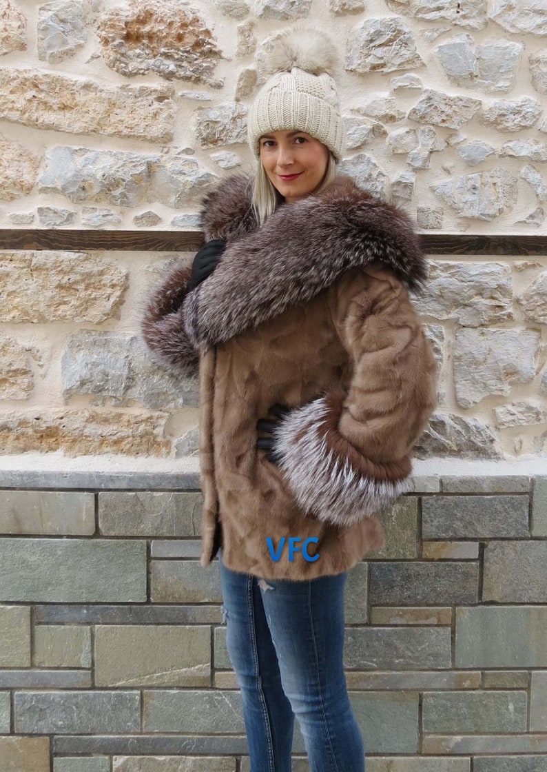 Pastel Mink Coat With Fox Fur Hood, Real Mink Fur Coat, Real Fur Coat ...