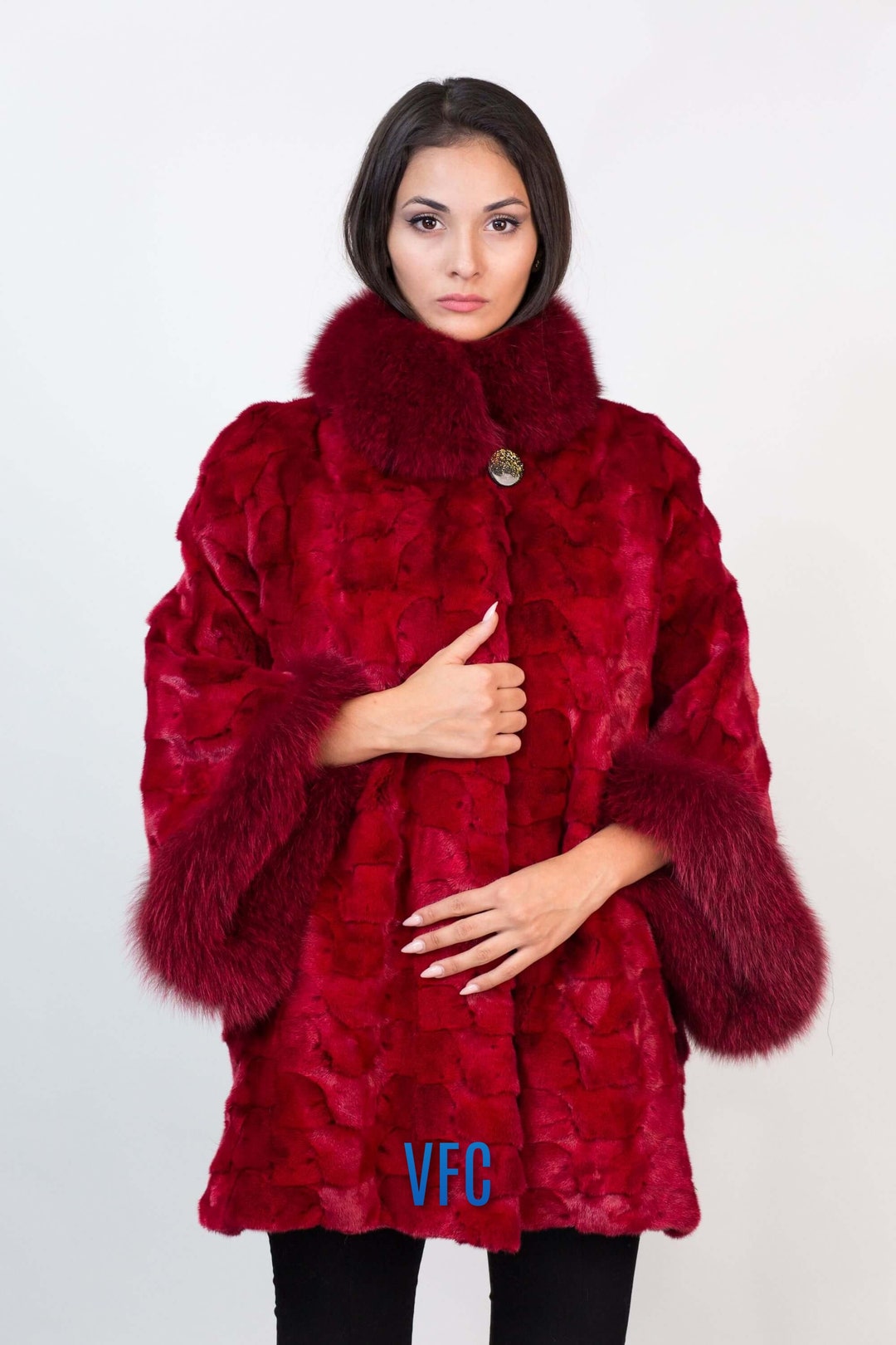 Red Mink Head Cape With Red Cherry Fox, Real Mink Fur Cape ,real Fur ...