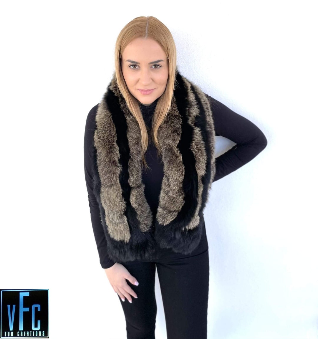 Gold and Black Fox Fur Scarf, Real Fur Scarf, Handmade Scarf, Luxury ...
