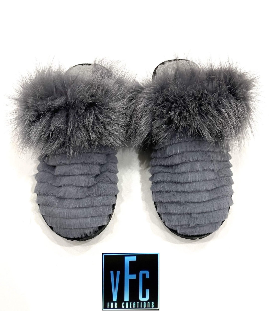 Light Blue Fur Slippers, Real Fur Slippers, Fluffy Slippers, Winter ...