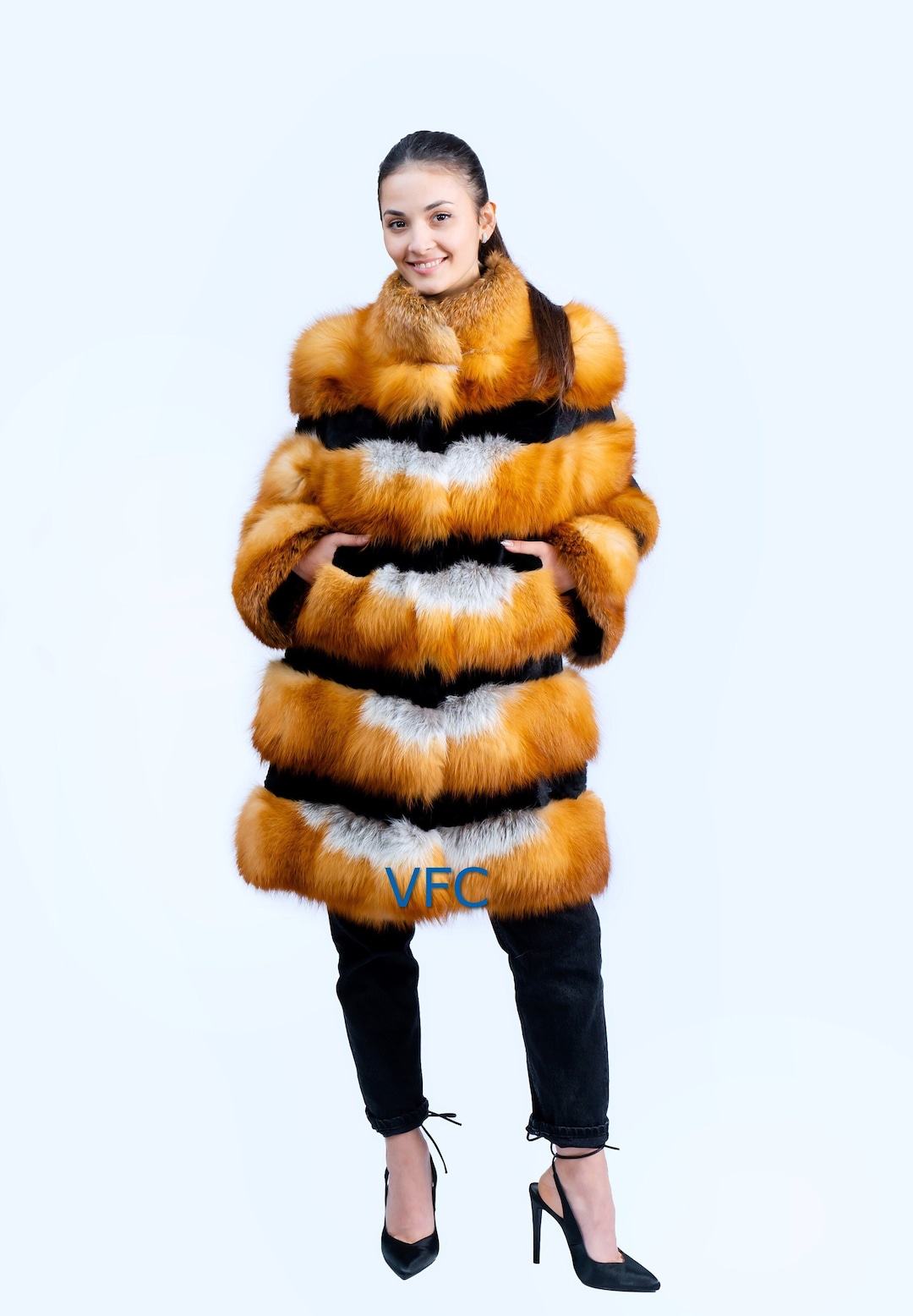 Red Full Skin Fox Fur Coat With Sheared Black Lines Mink Fur, Real Fox ...