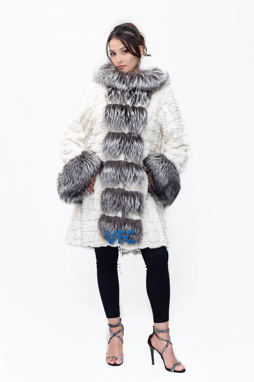 Laser Cut Sheared White Parka Coat With Silver Fox Fur Hood, Real Mink ...