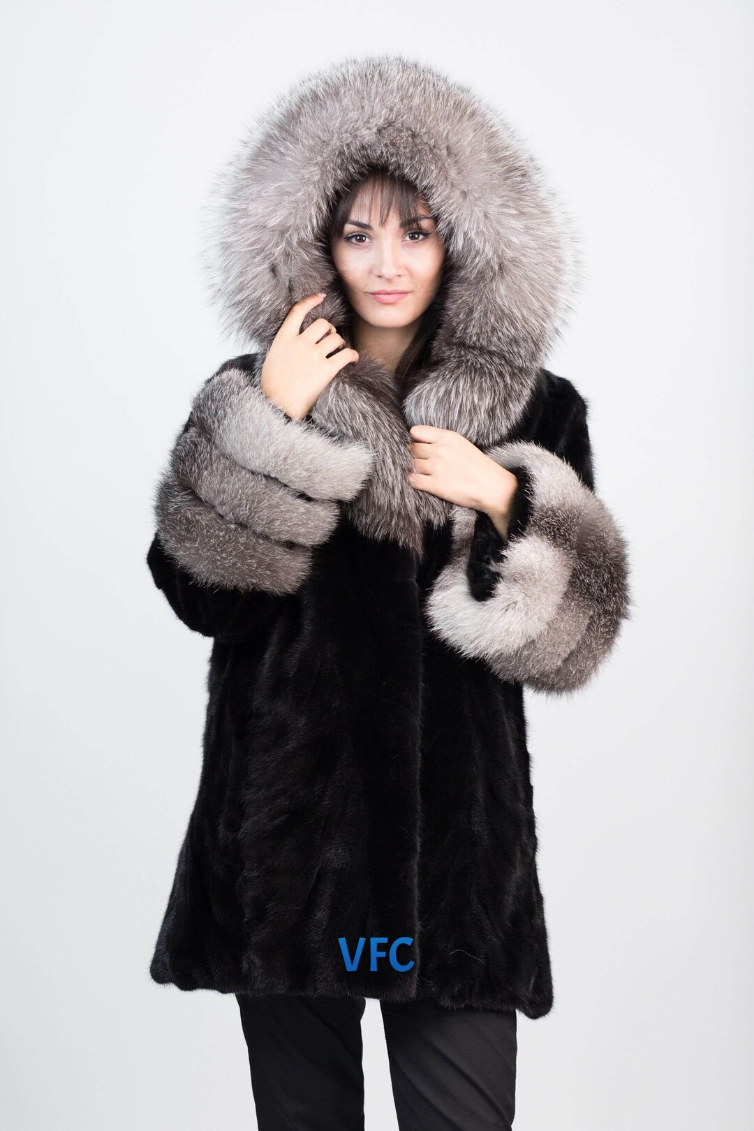 Black Mink Coat With Silver Fox Hood, Real Mink Fur Coat, Real Fur Coat ...