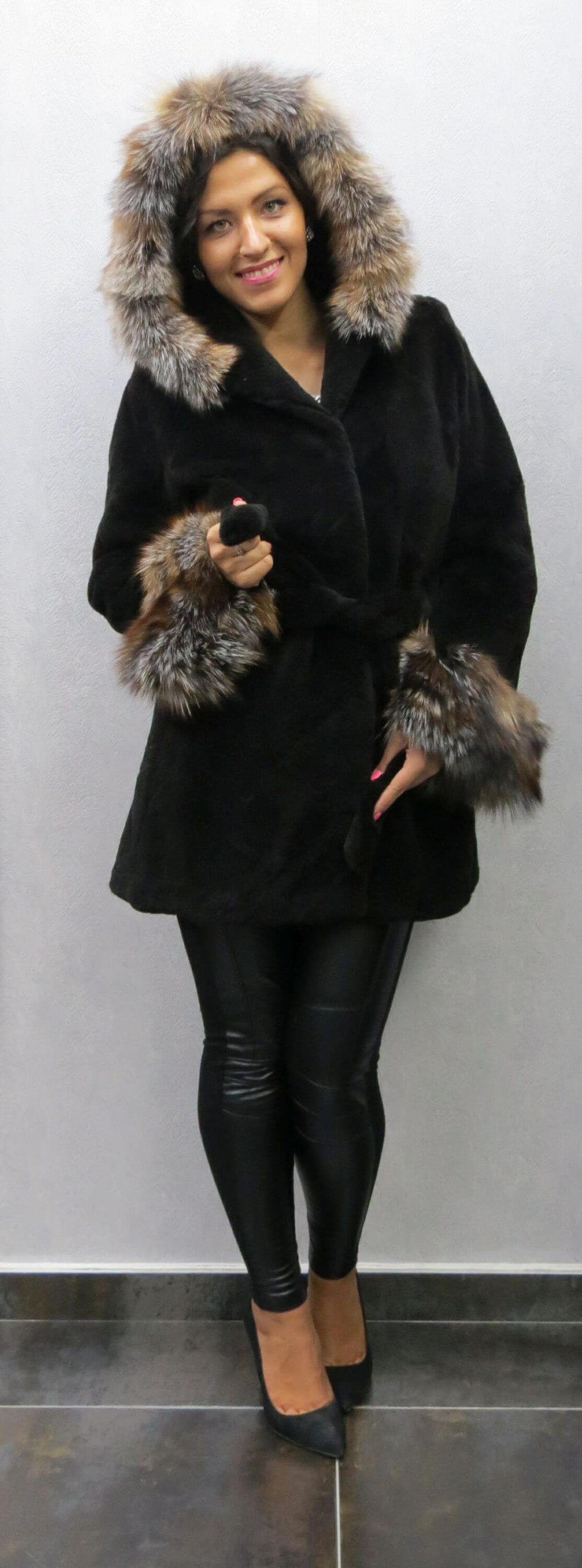 Black Nutria Coat With Crystal Fox Hood, Real Nutria Fur Coat, Real Fur ...