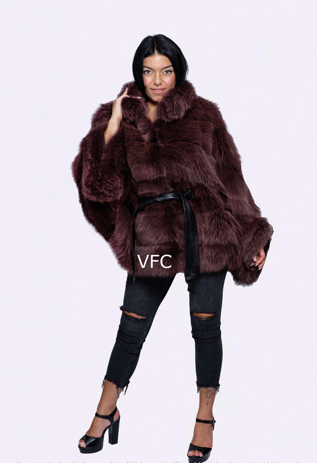 Sangria Burgundy Fox Fur Cape With Collar, Real Fox Fur Cape, Fluffy ...