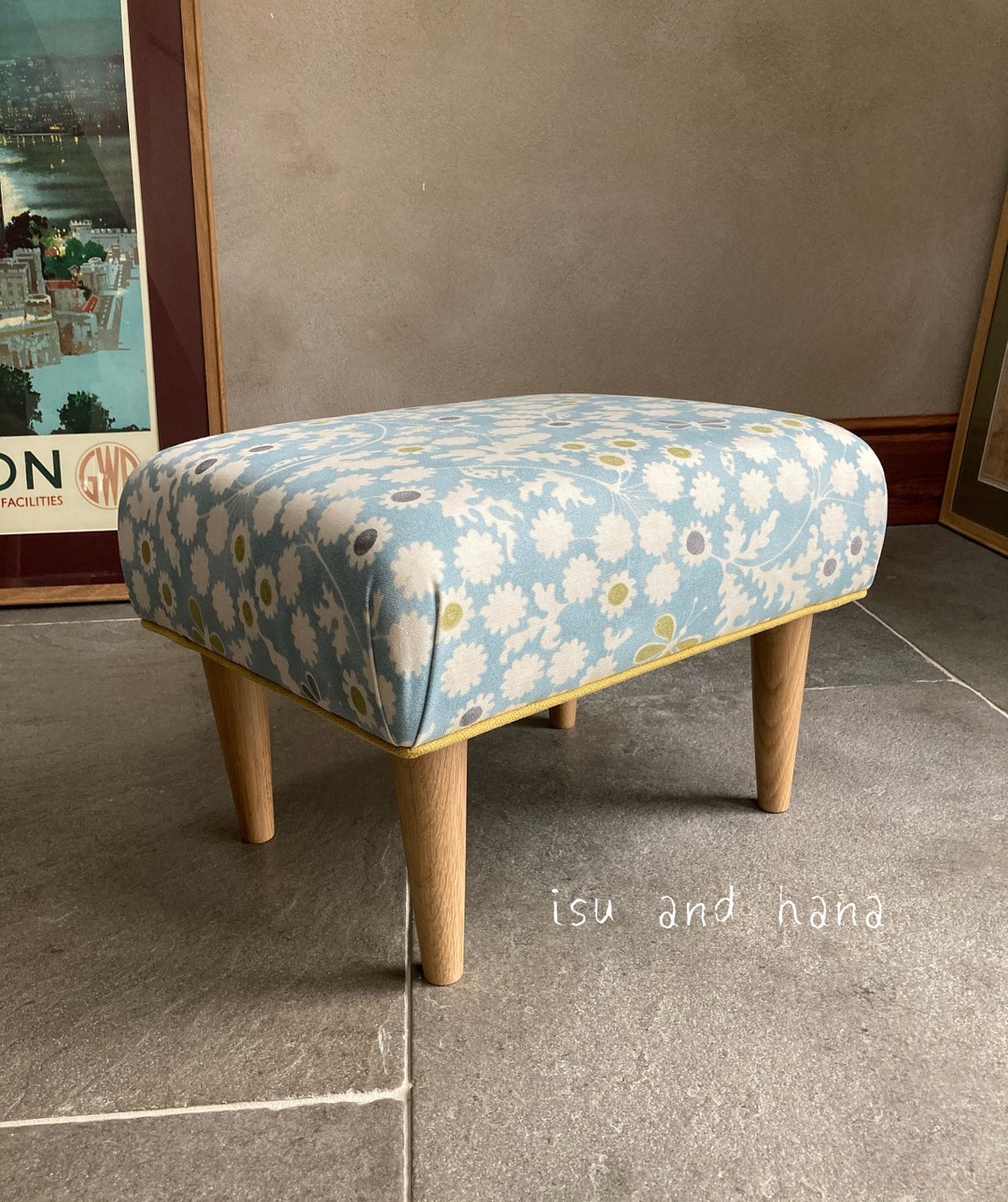 Light Blue Floral Print Footstool With Solid Natural Wood Legs / Pastel ...