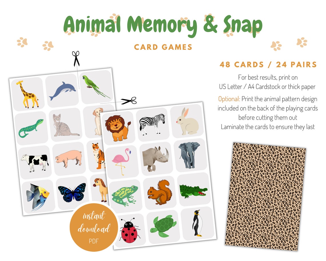 Printable Animal Memory Game, Two-games-in-one, Memory Game, Snap Game ...