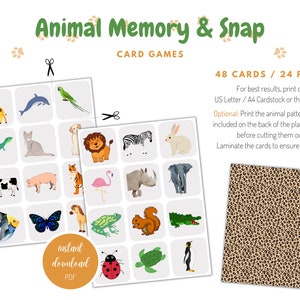 Printable Animal Memory Game, Two-games-in-one, Memory Game, Snap Game ...