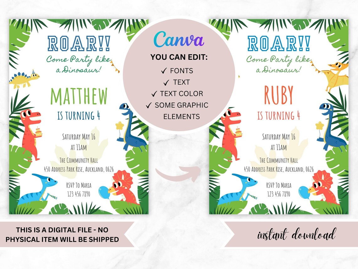 Editable Dinosaur Birthday Invitation Template, Dinosaur Party ...