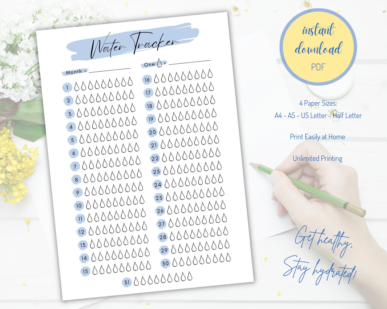 Monthly Water Tracker Printable - Daily Hydration Tracker - Drink Water ...