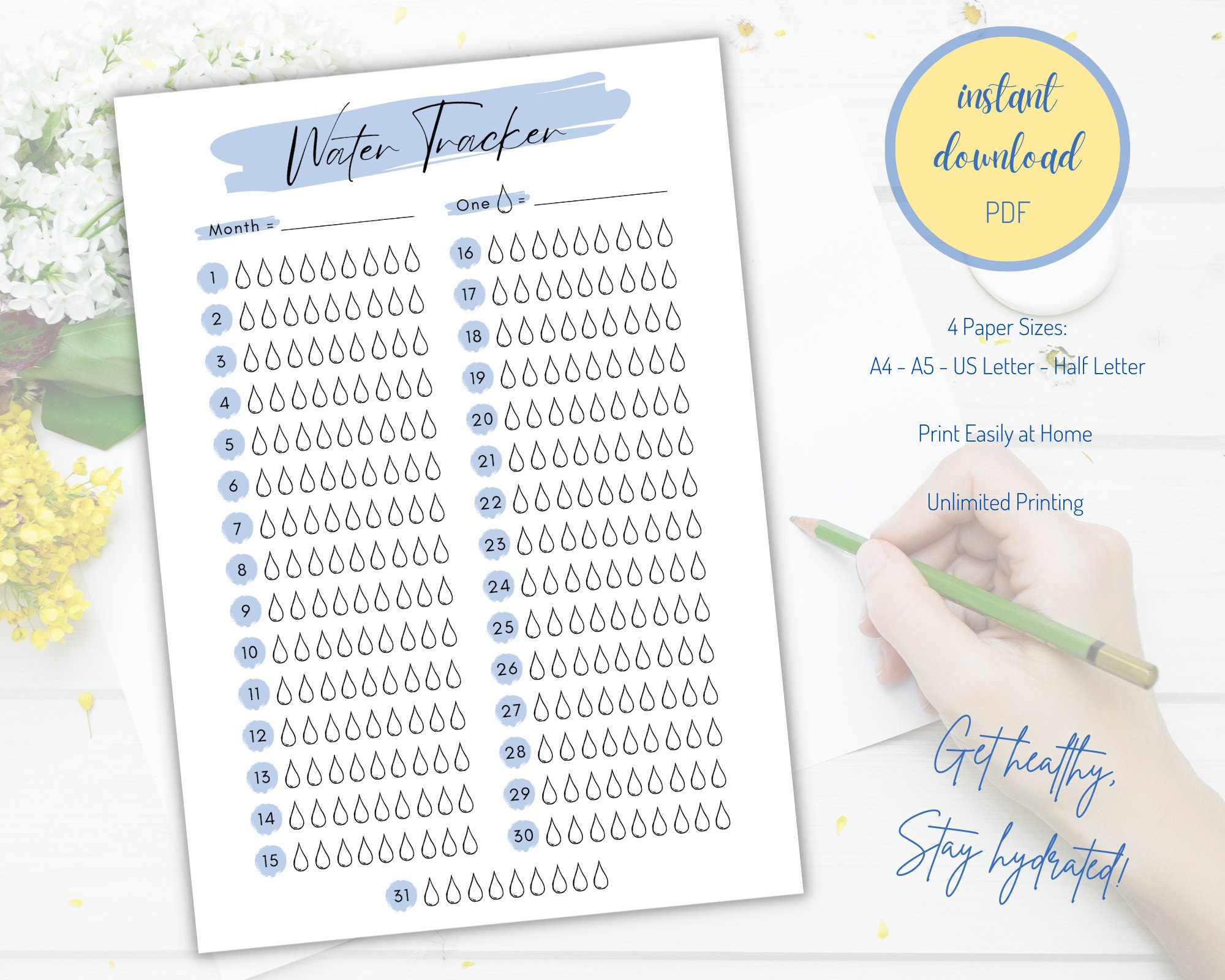 Monthly Water Tracker Printable - Daily Hydration Tracker - Drink Water ...